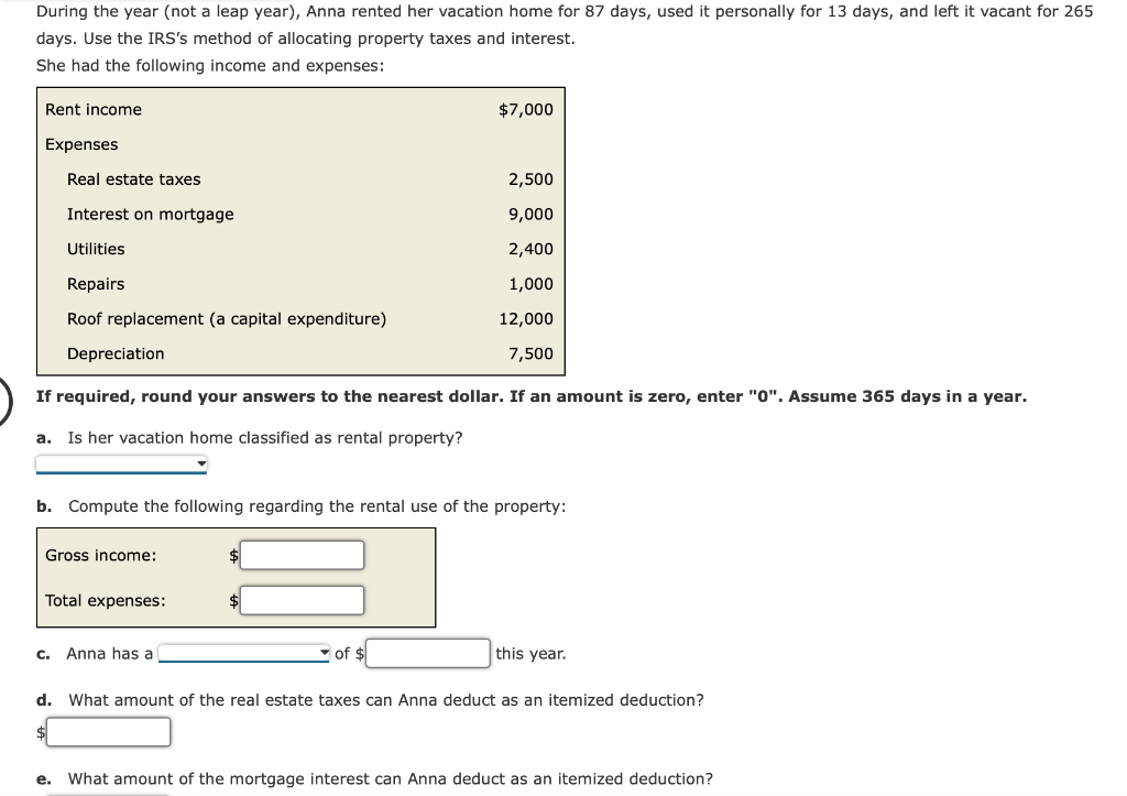 Solved During the year (not a leap year), Anna rented her | Chegg.com