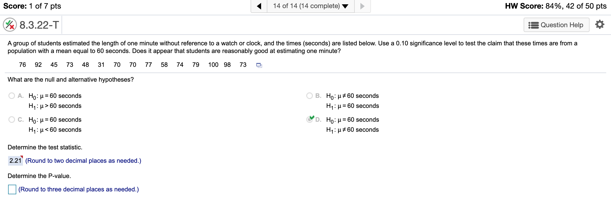 Solved Score: 1 of 7 pts 14 of 14 (14 complete) HW Score: | Chegg.com
