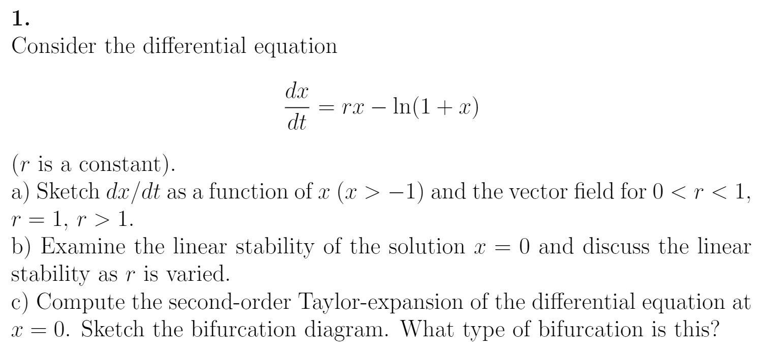 Consider the differential equation dx/dt=rx−ln(1 | Chegg.com