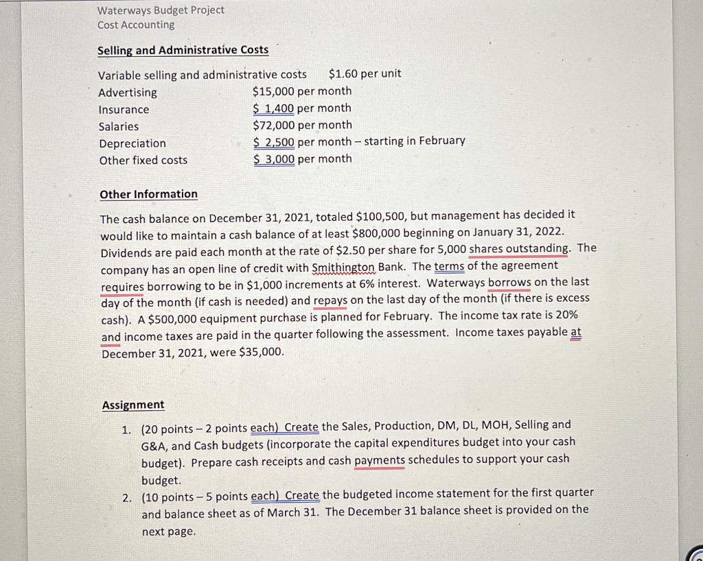 Create the Sales, Production, DM, DL, MOH, Selling | Chegg.com