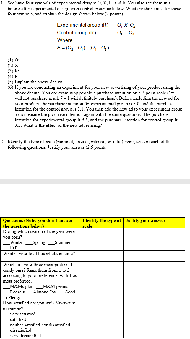 1. We have four symbols of experimental design: O, X, | Chegg.com