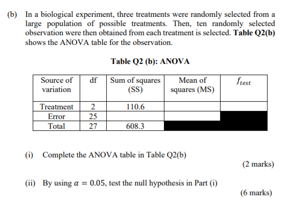 Solved (b) In a biological experiment, three treatments were | Chegg.com