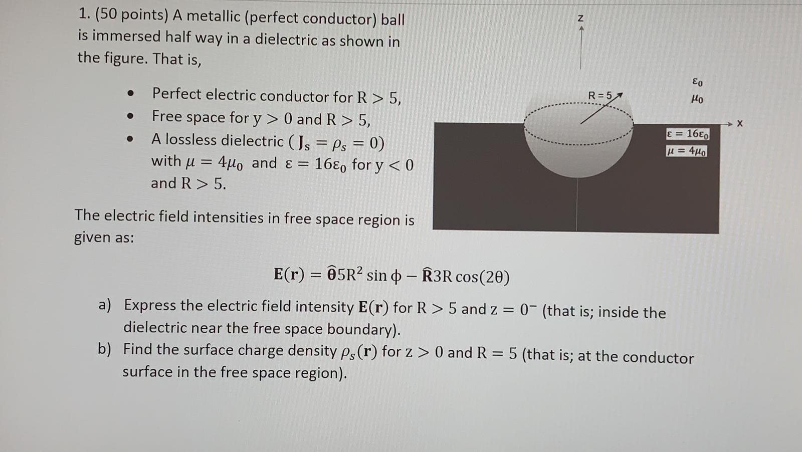 Z 1. (50 points) A metallic (perfect conductor) ball | Chegg.com