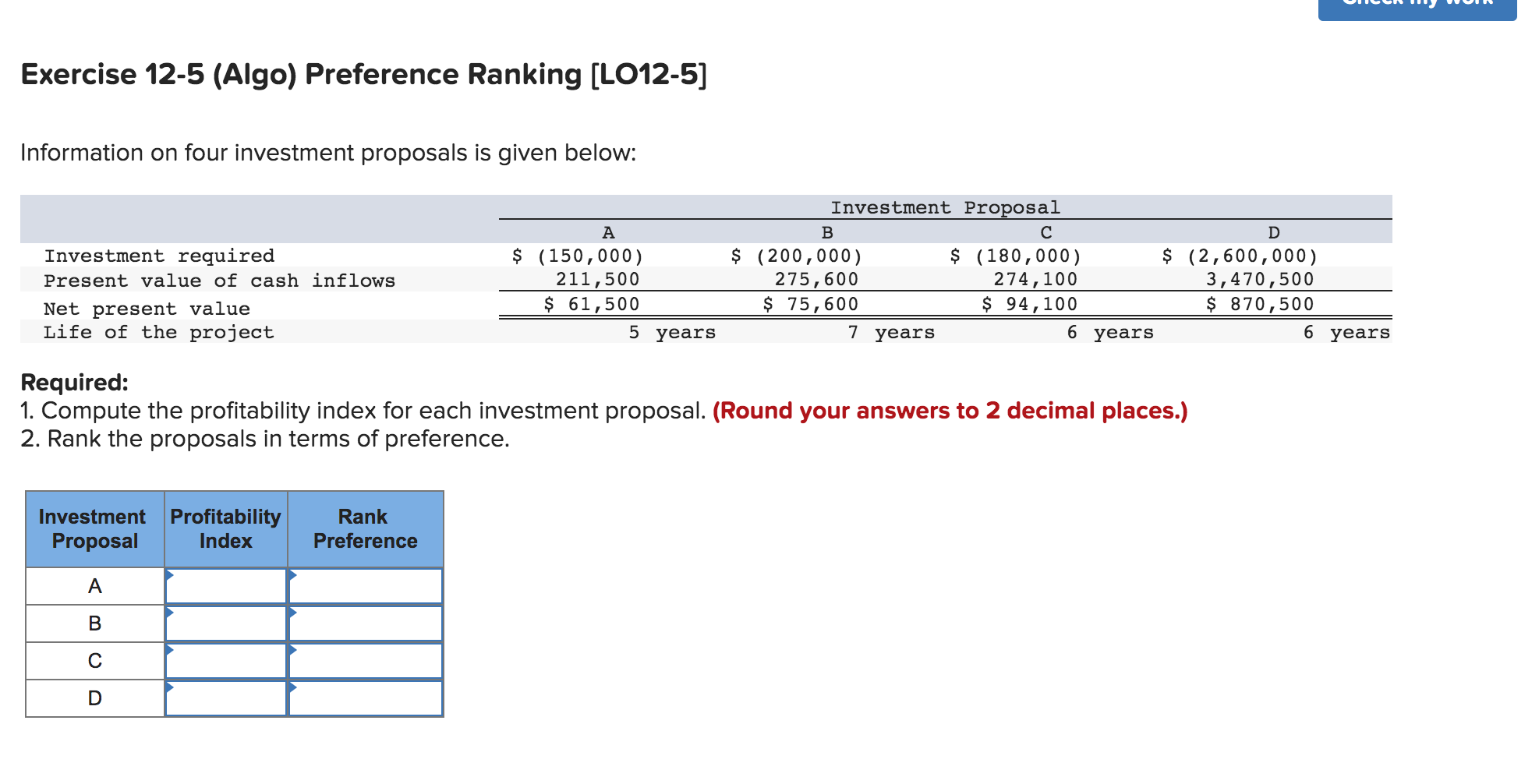 Solved Exercise 12-5 (Algo) Preference Ranking [LO12-5] | Chegg.com