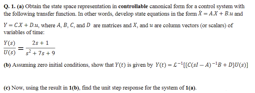 Solved Q 1 A Obtain The State Space Representation In