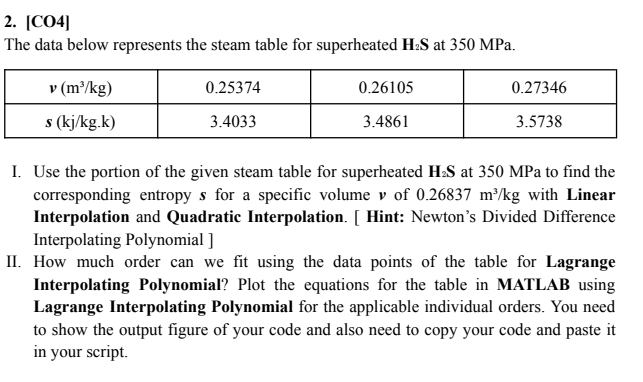 2. (C04) The data below represents the steam table | Chegg.com