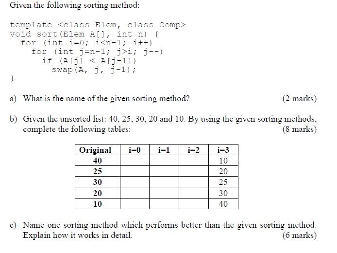 Solved Given the following sorting method: template void | Chegg.com