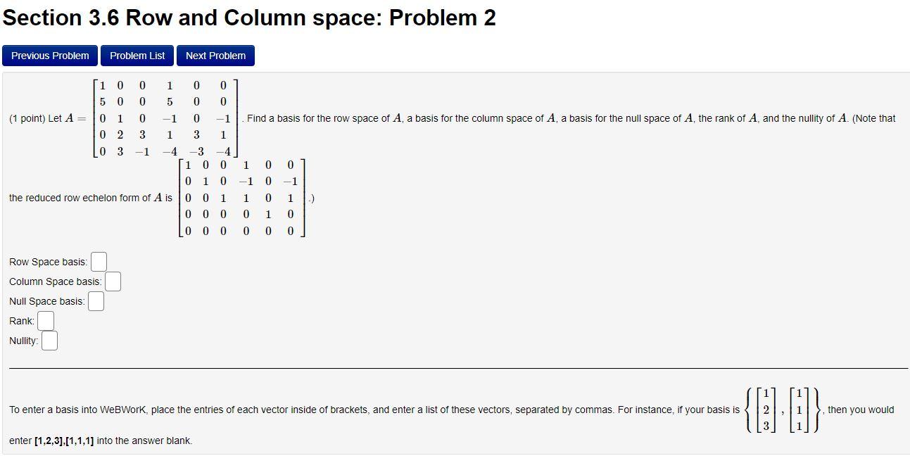 Solved Section 3.6 Row and Column space: Problem 2 Previous | Chegg.com