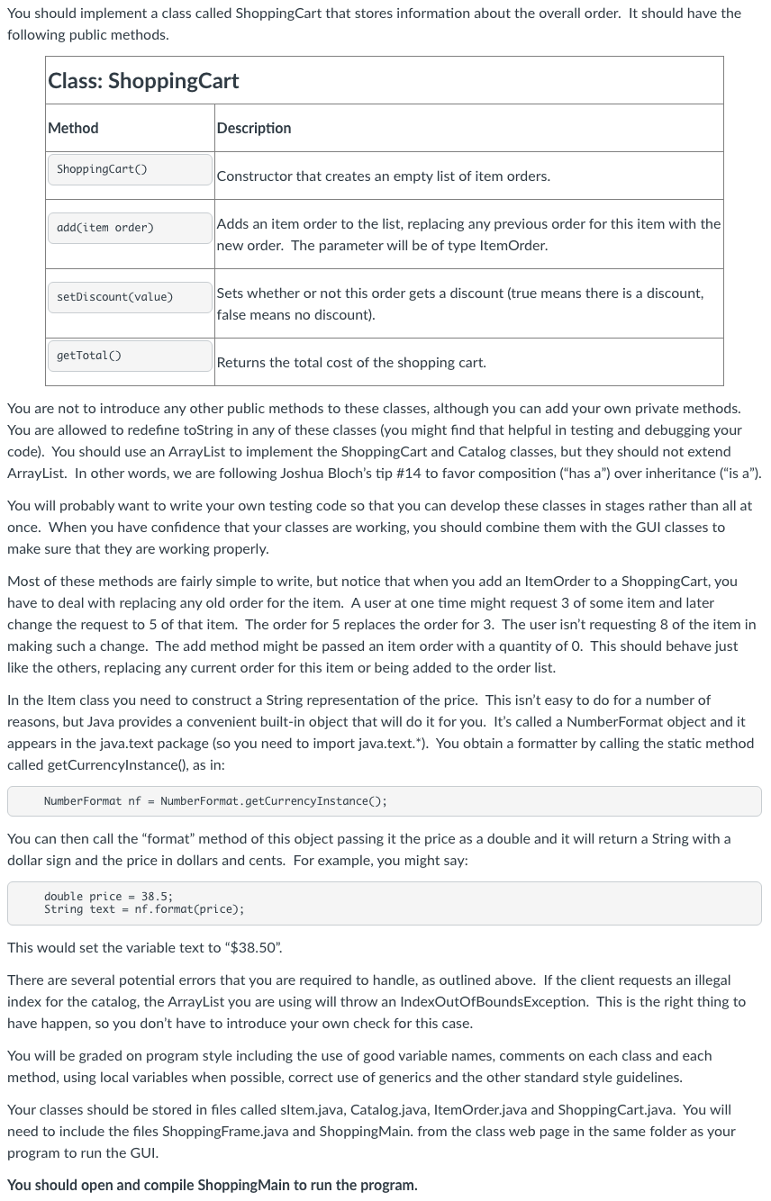Solved ou should implement a class called ItemOrder that | Chegg.com