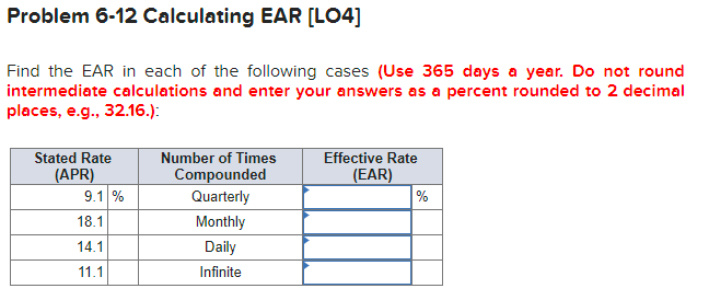 Solved Problem 6-12 Calculating EAR (L04] Find the EAR in | Chegg.com