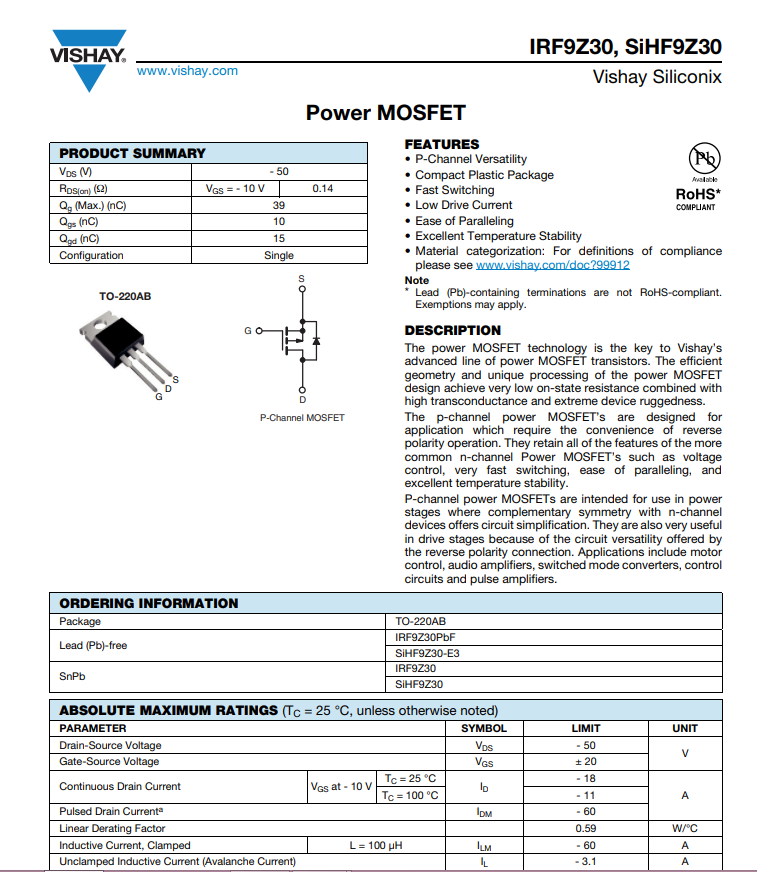 VISHAY IRF9Z30, SiHF9Z30 Vishay Siliconix | Chegg.com