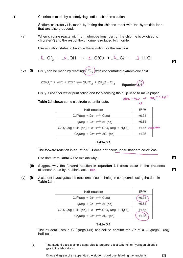 Solved 1 Chlorine is made by electrolysing sodium chloride | Chegg.com