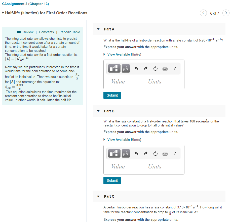 Solved Assignment 3 (Chapter 13) t Half-life (kinetics) for | Chegg.com