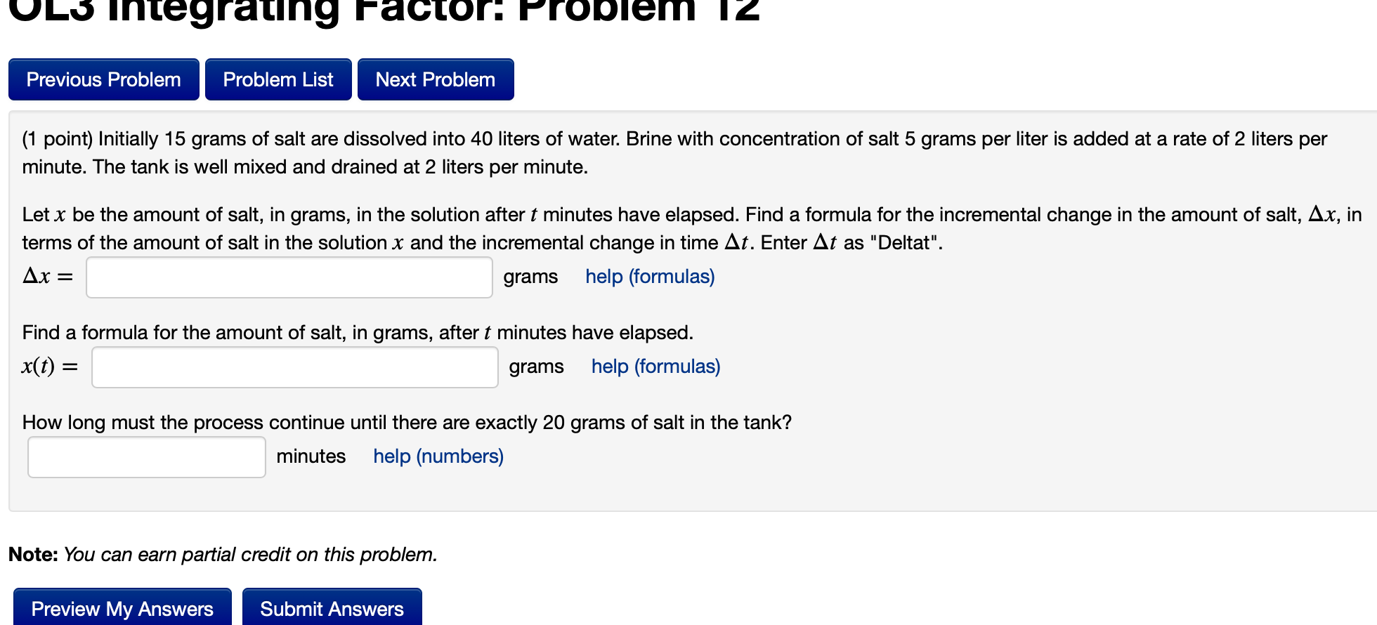 Solved (1 point) Initially 15 grams of salt are dissolved | Chegg.com