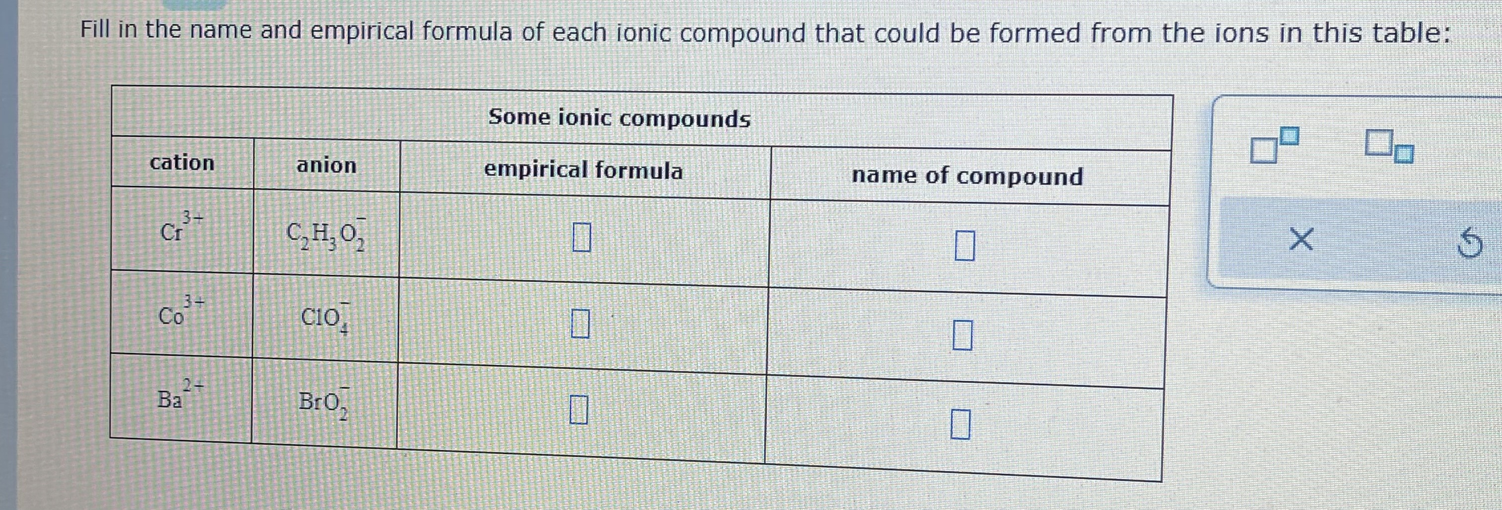 Solved ill in the name and empirical formula of each ionic | Chegg.com