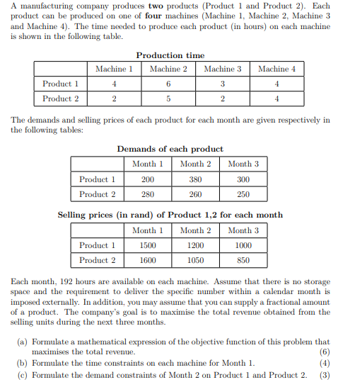 Solved A manufacturing company produces two products | Chegg.com