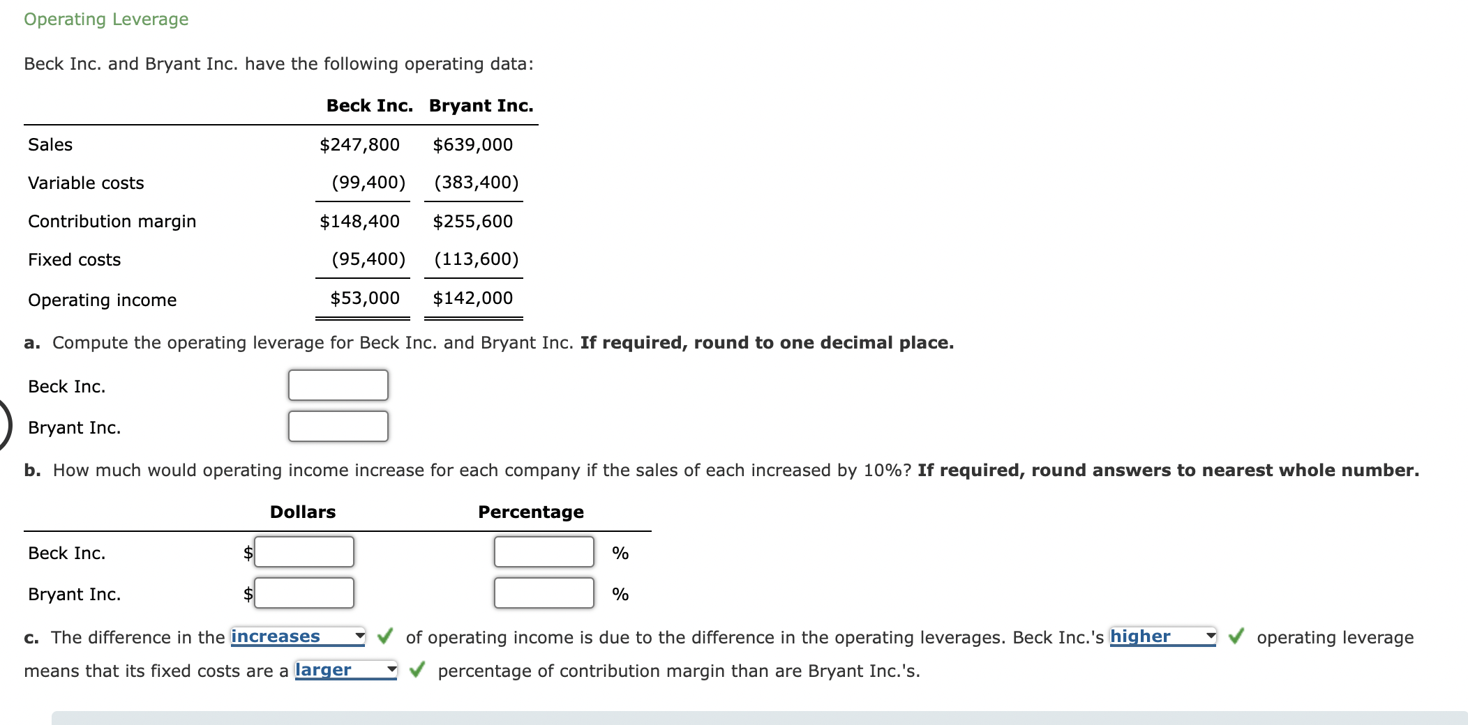 Solved Operating Leverage Beck Inc. and Bryant Inc. have the | Chegg.com