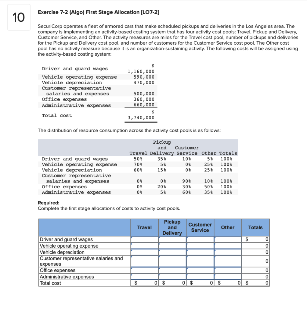 Solved Exercise 7-2 (Algo) First Stage Allocation (LO7-2] 10 | Chegg.com
