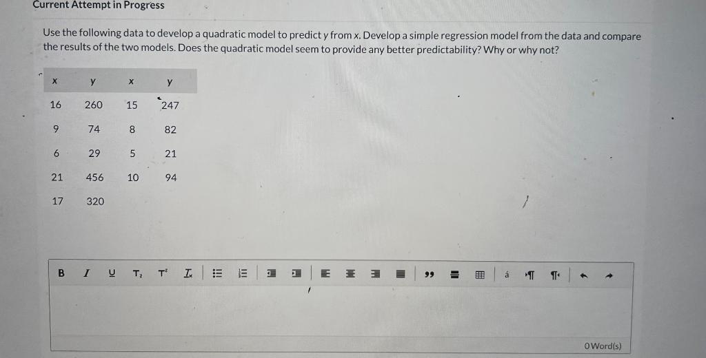 Solved Use the following data to develop a quadratic model | Chegg.com
