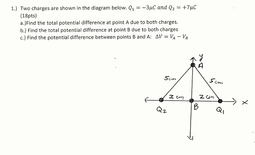 Solved 1.) Two charges are shown in the diagram below. Q1 = | Chegg.com