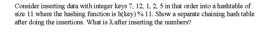 Solved Consider inserting data with integer keys 7, 12, 1, | Chegg.com Solved Consider inserting data with integer keys 7, 12, 1, | Chegg.com