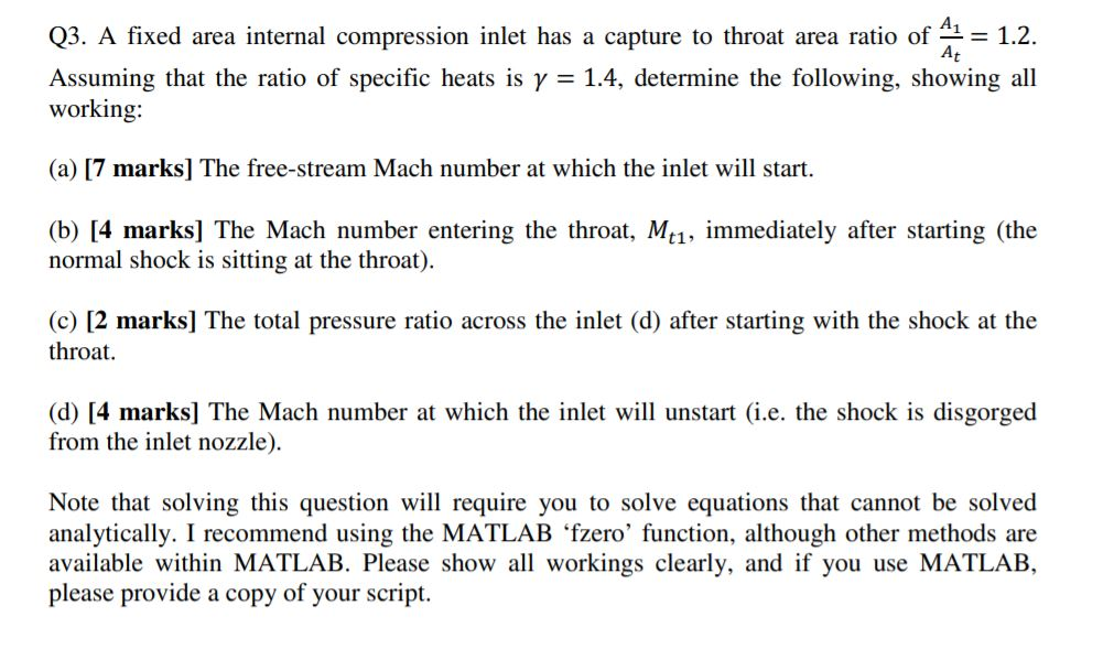 Solved Q3. A fixed area internal compression inlet has a | Chegg.com