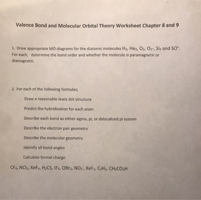 Solved Valence Bond and Molecular Orbital Theory Worksheet | Chegg.com