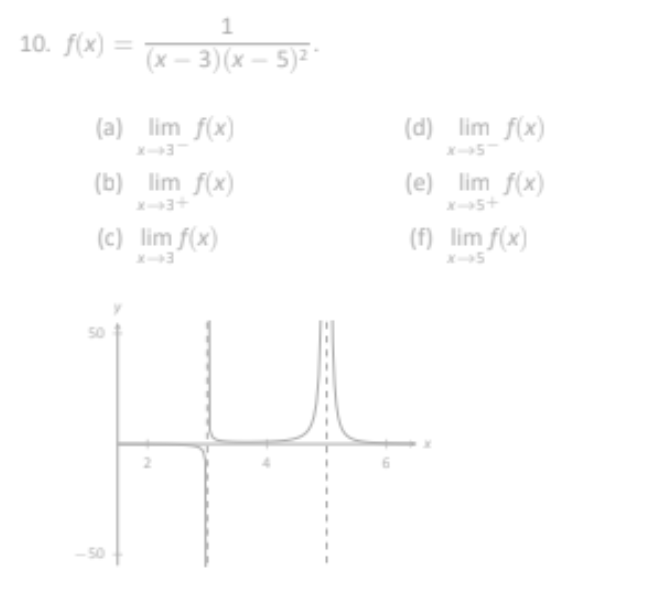 Solved 10. f(x) 1 (x - 3)(x - 5)2 (a) lim f(x) (d) lim fx) | Chegg.com