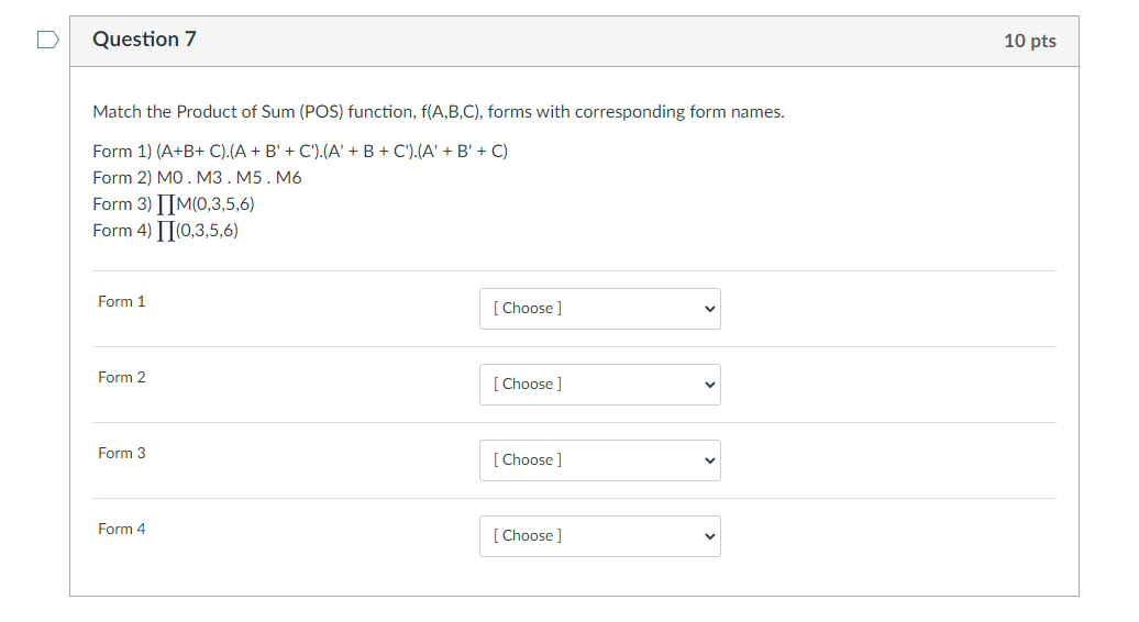Solved n Question 7 10 pts Match the Product of Sum (POS) | Chegg.com