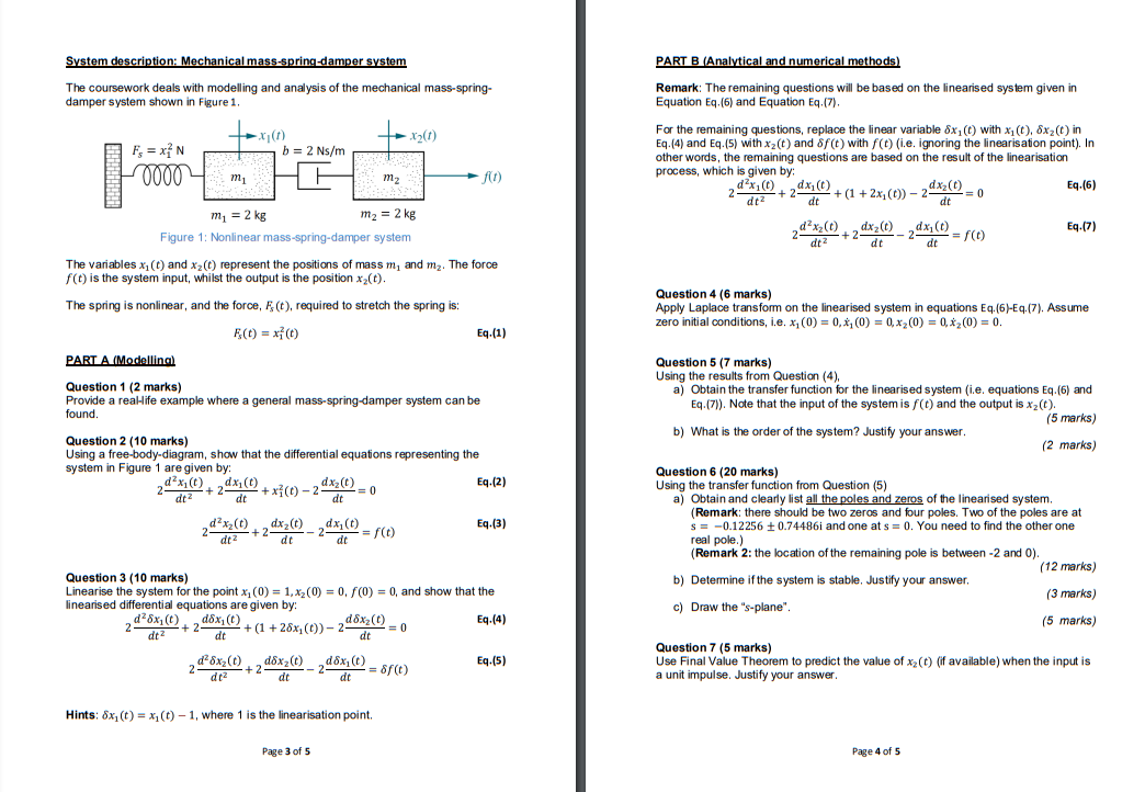 Solved System description: Mechanical mass-sprinq-damper | Chegg.com