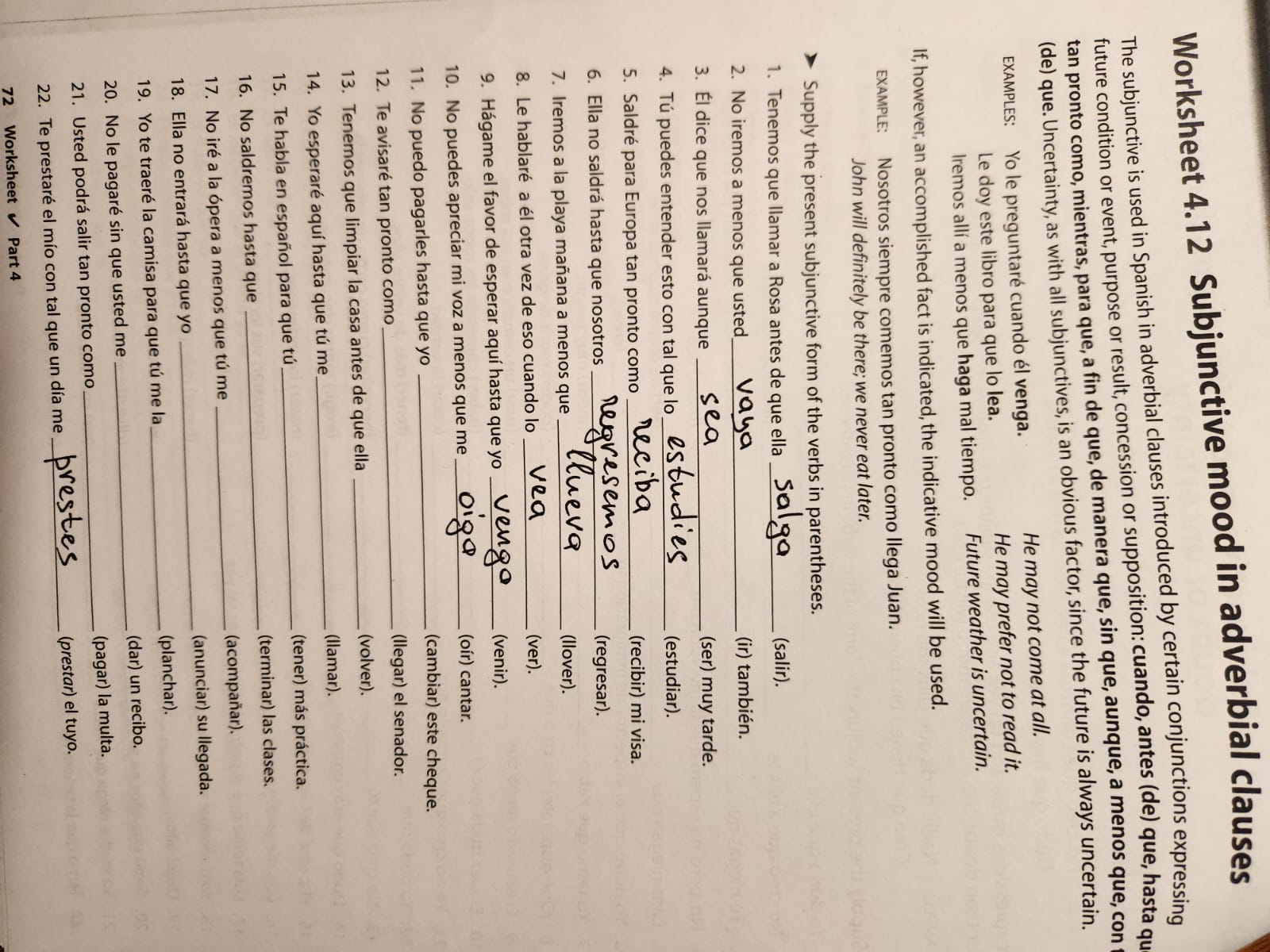 worksheet 4.11 Subjunctive mood after expressions of | Chegg.com