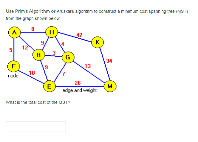 Solved Use Prim's Algorithm or Kruskal's algorithm to | Chegg.com