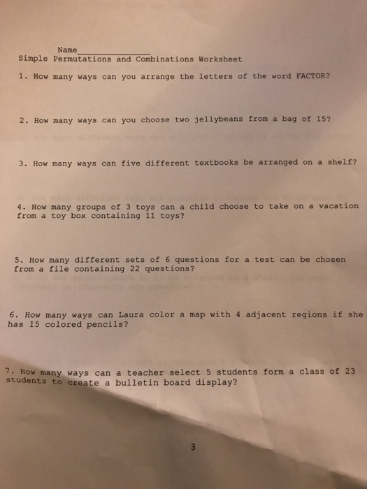 Solved Name Simple Permutations And Combinations Worksheet