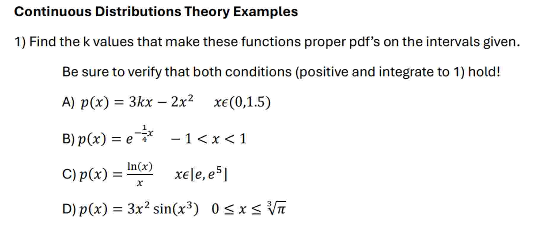 Continuous Distributions Theory ExamplesFind the k | Chegg.com