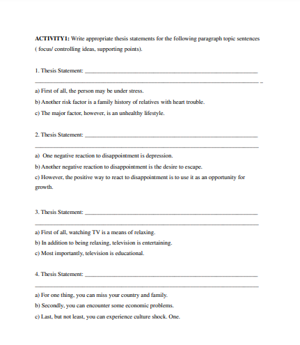 ACTIVITY1: Write appropriate thesis statements for | Chegg.com