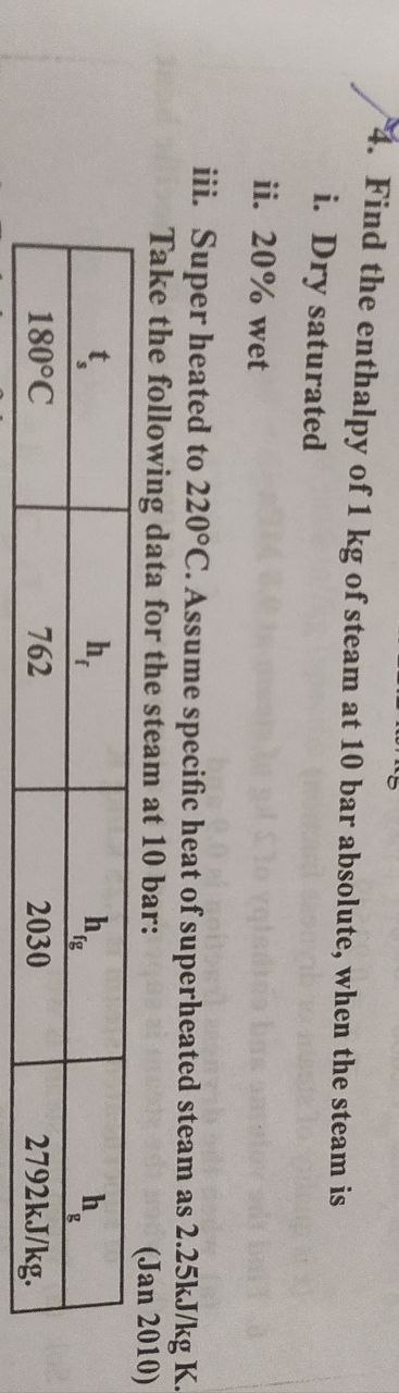 Solved Find the enthalpy of 1 ﻿kg of steam at 10 ﻿bar | Chegg.com