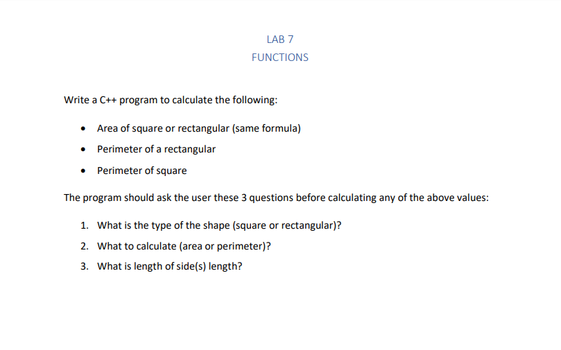 Solved LAB 7 FUNCTIONS Write a C++ program to calculate the | Chegg.com