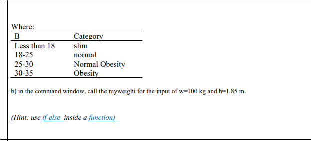Solved Q4. (a) Write a function to calculate body mass index | Chegg.com