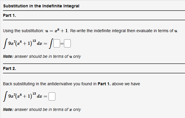 Solved Substitution in the Indefinite IntegralPart 1.Using | Chegg.com