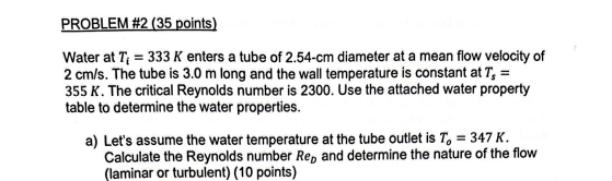 Solved PROBLEM #2 (35 ﻿points)Water at Ti=333K ﻿enters a | Chegg.com