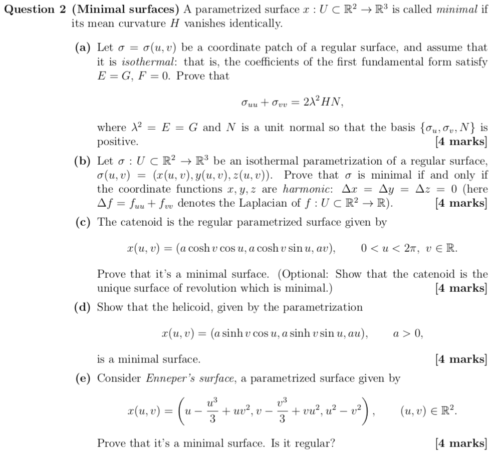 Question 2 (Minimal surfaces) A parametrized surface | Chegg.com