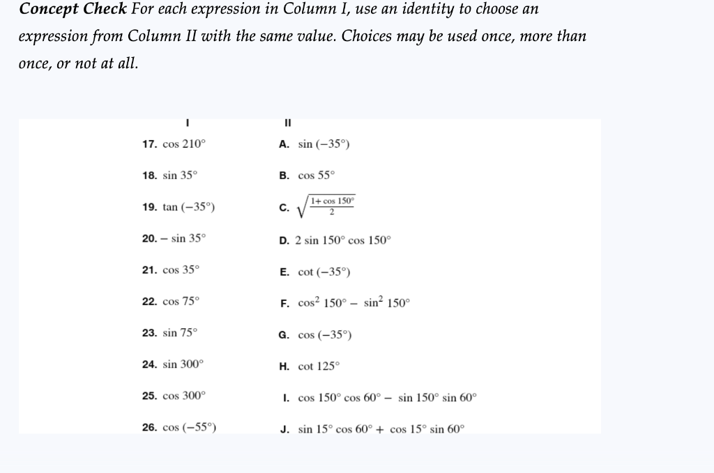 Solved Concept Check For each expression in Column I, use an | Chegg.com