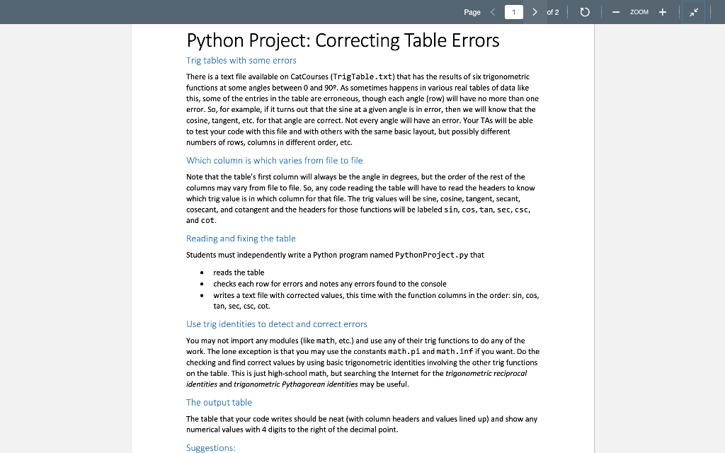 Solved Page of 2 ZOOM Python Project: Correcting Table | Chegg.com