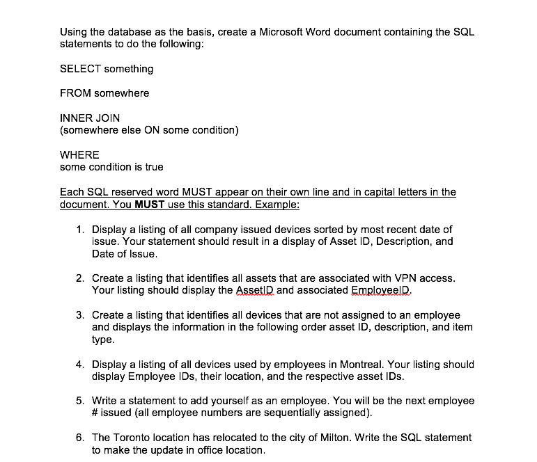 Using the database as the basis, create a Microsoft | Chegg.com