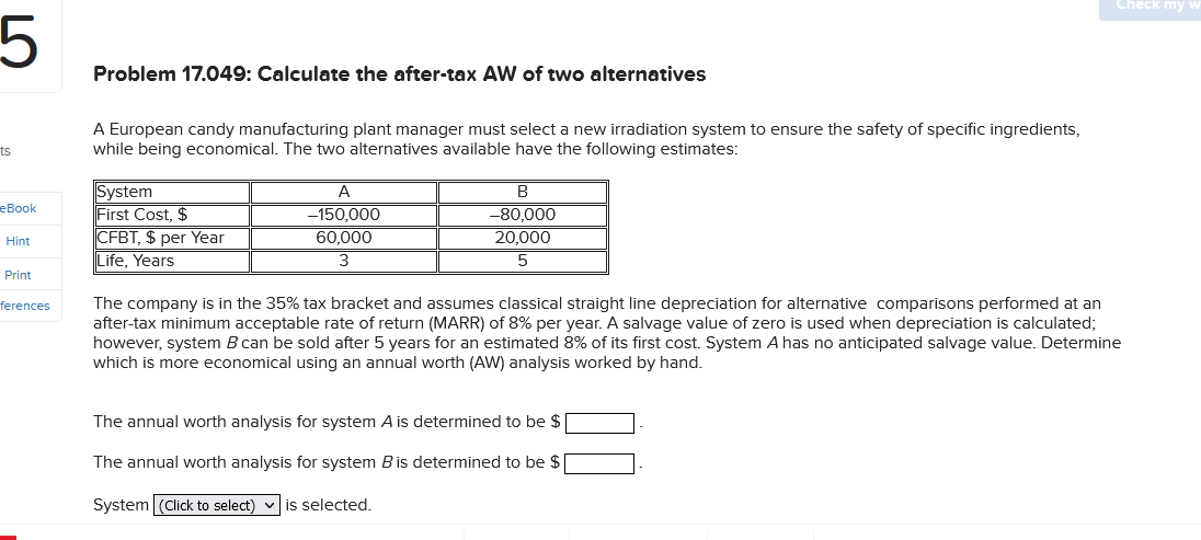 Solved Problem 17 049 Calculate The After Tax Aw Of Two