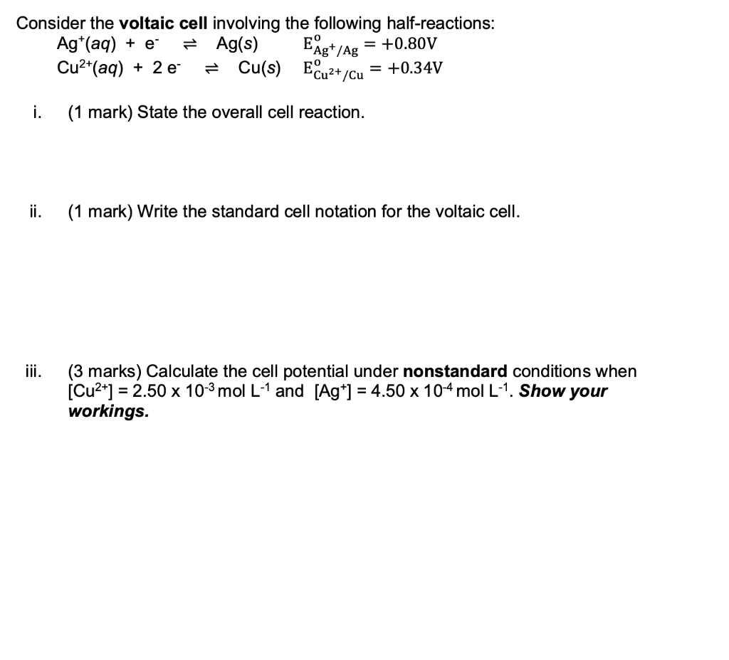 Solved Consider the voltaic cell involving the following | Chegg.com