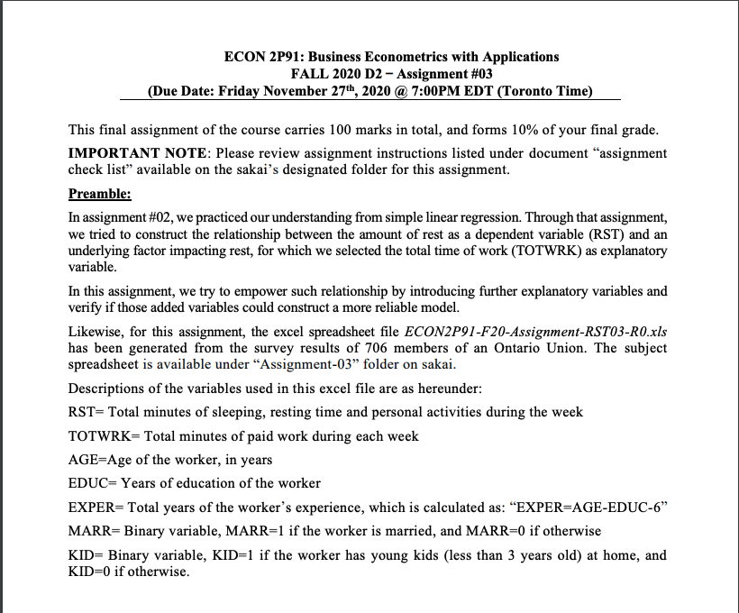 ECON 2P91: Business Econometrics with Applications | Chegg.com