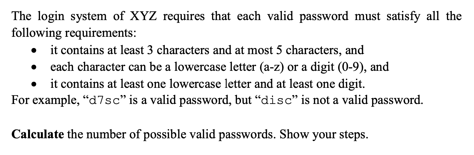 Solved The login system of XYZ requires that each valid | Chegg.com
