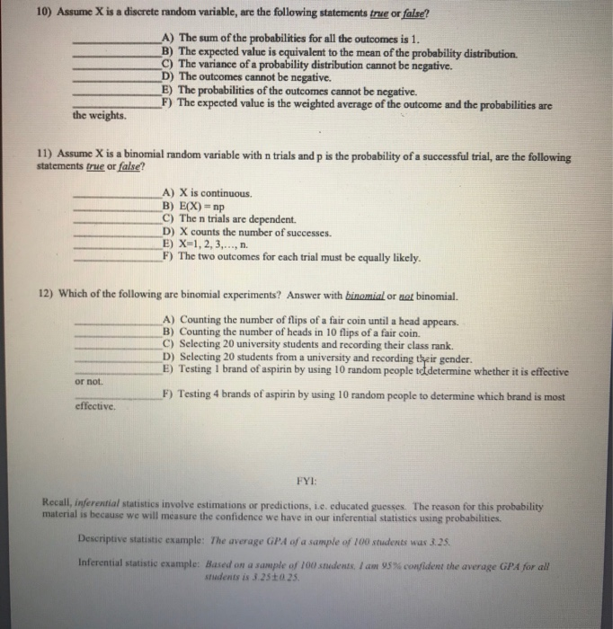 Solved 10) Assume X is a discrete random variable, are the | Chegg.com