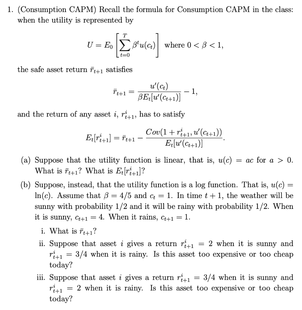 1. (Consumption CAPM) Recall the formula for | Chegg.com